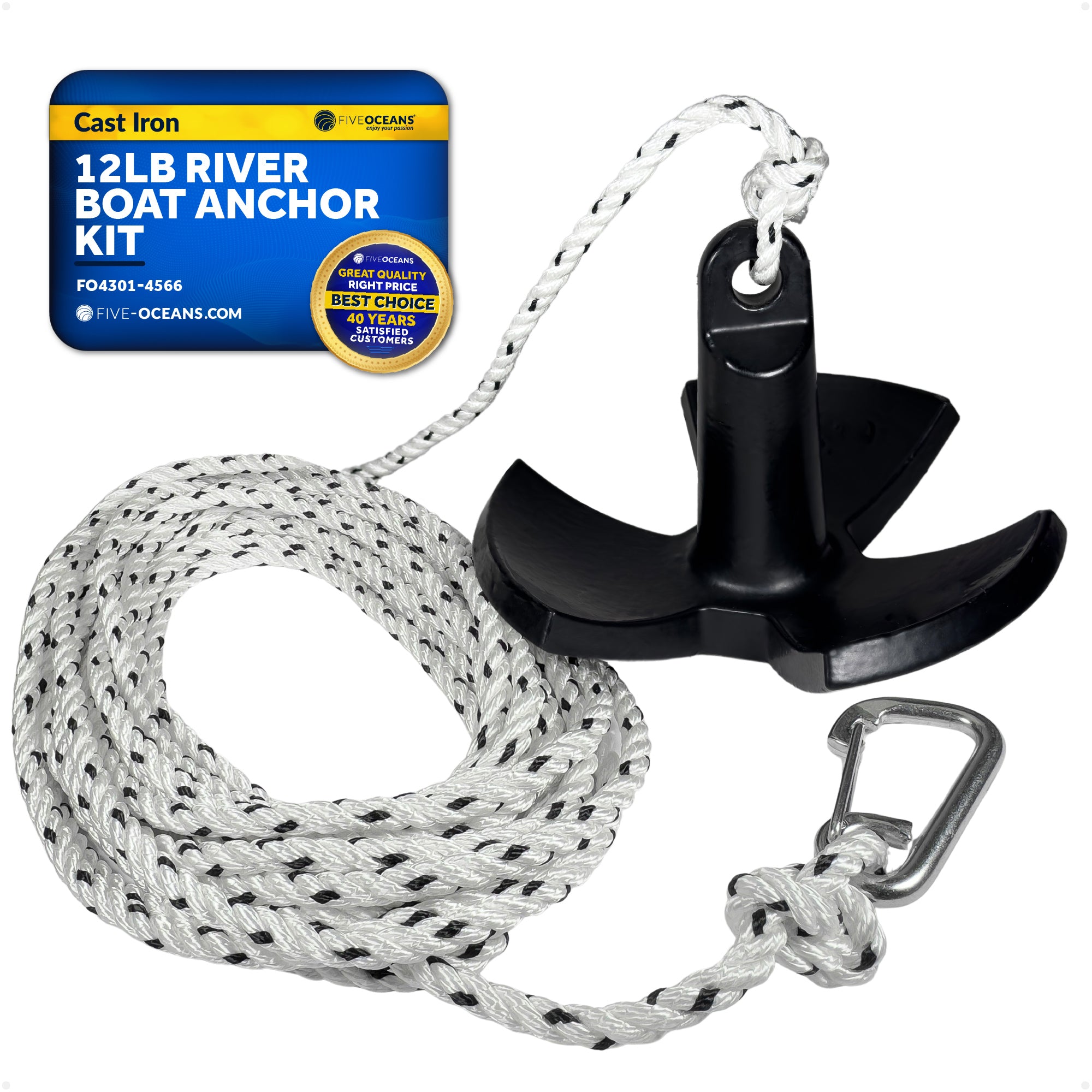 12 Lb River Boat Anchor Kit, Black PVC Vinyl Coating, 5/16"x50' 3 ...