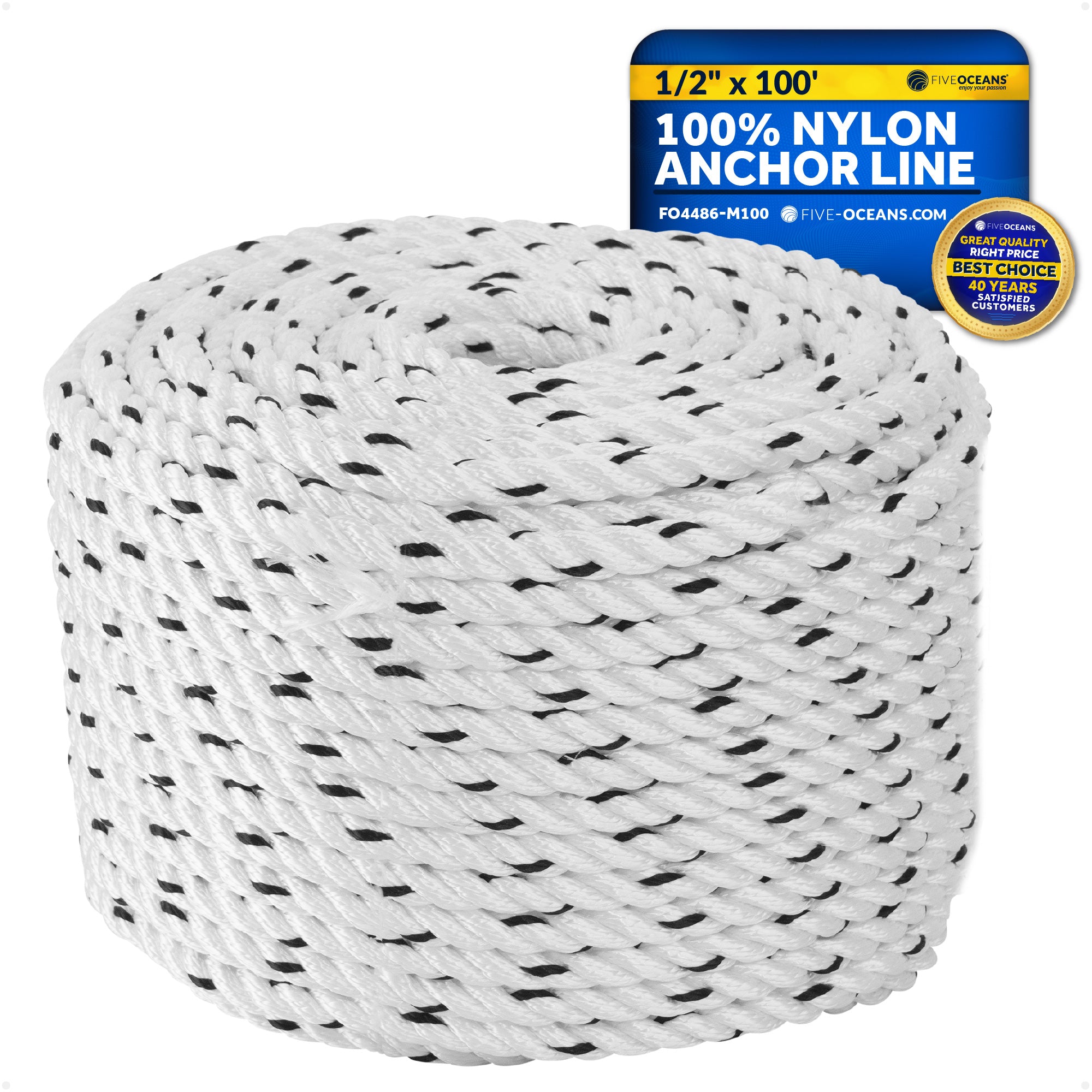 Boat Anchor Rope 1/2" x 100', 3-Strand Nylon - FO4486-M100 | Five Oceans