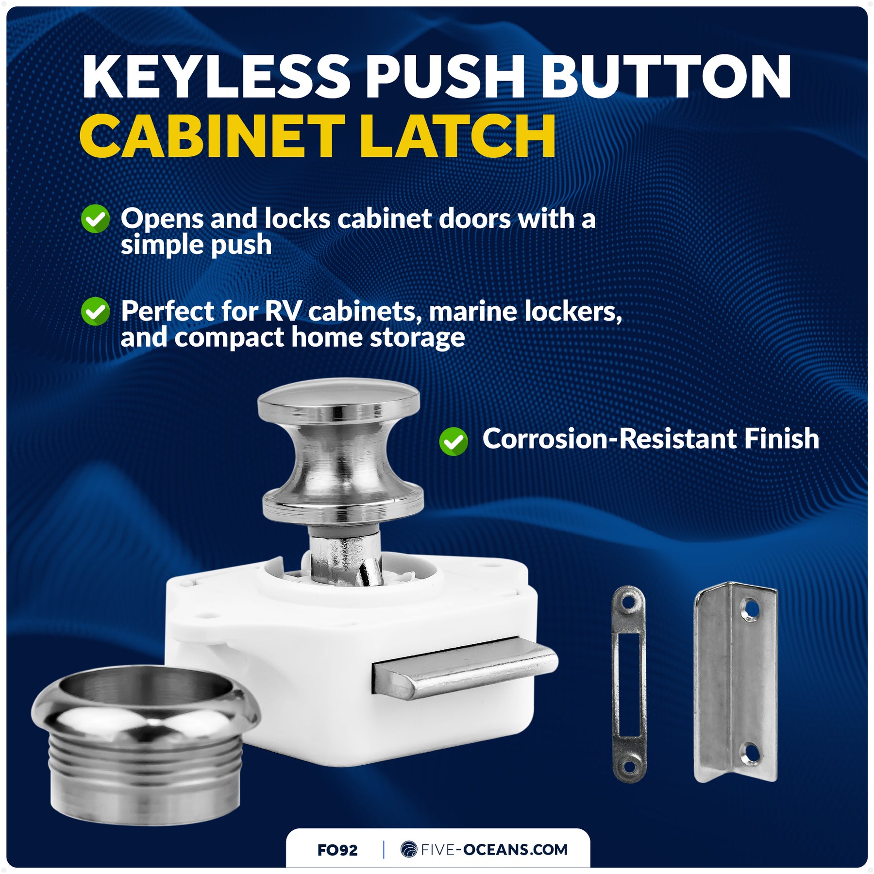 Keyless Push Button Latch, Stainless Steel - FO92 | Five Oceans
