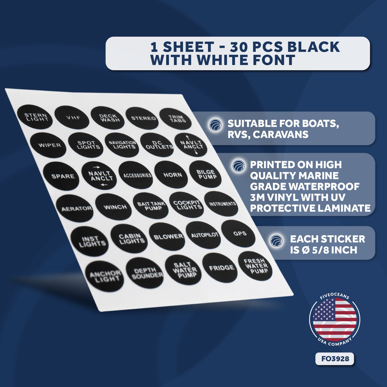 Boat Switch Panel Labels, 30 Pcs per Sheet - FO3928 | Five Oceans